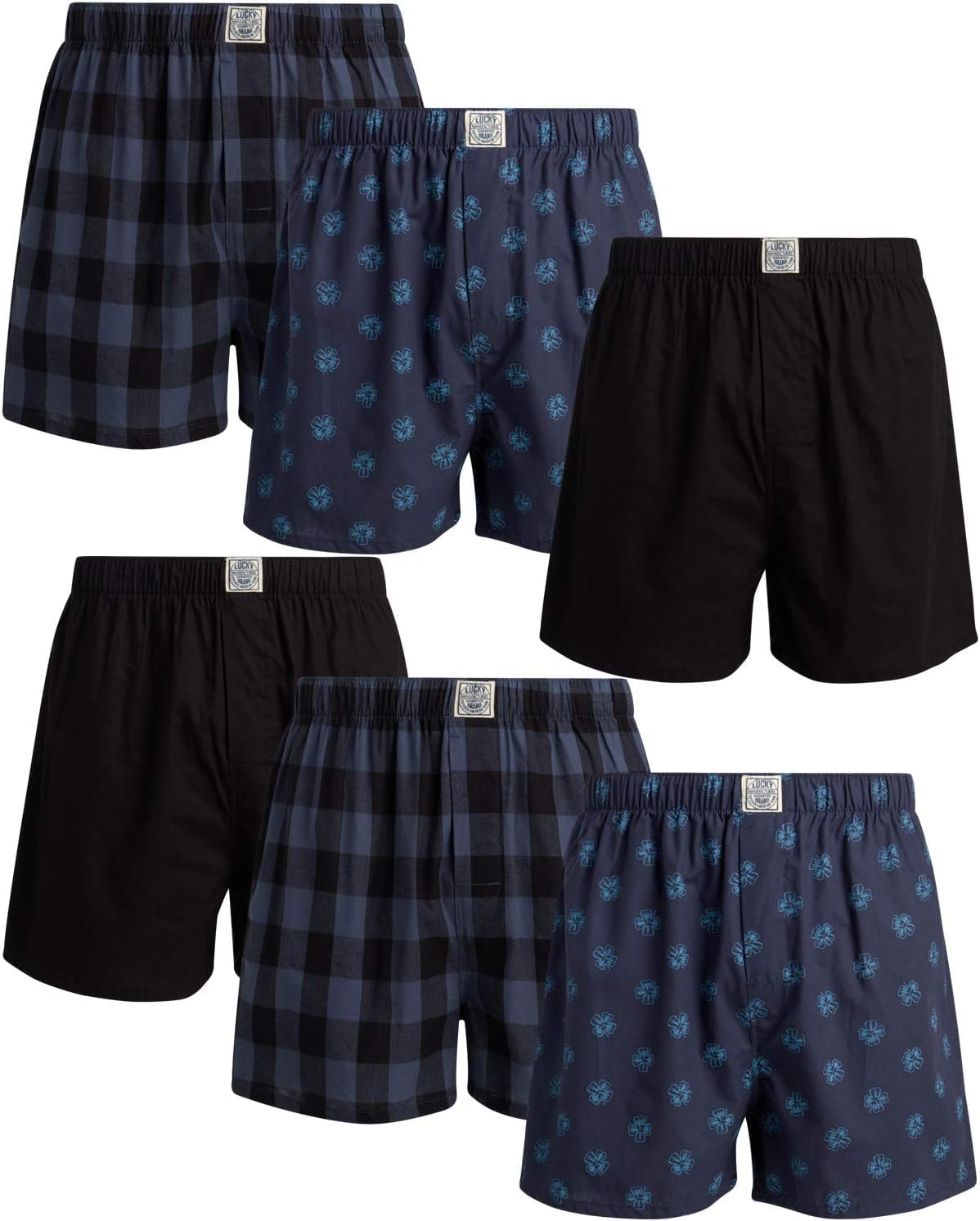 Lucky Brand Men's Boxer Shorts - 6 Pack Classic Cotton Woven Boxers for Men With Functional Fly, Relaxed Fit (Sizes: S-XXL), Size Large, Navy/Plaid/Print