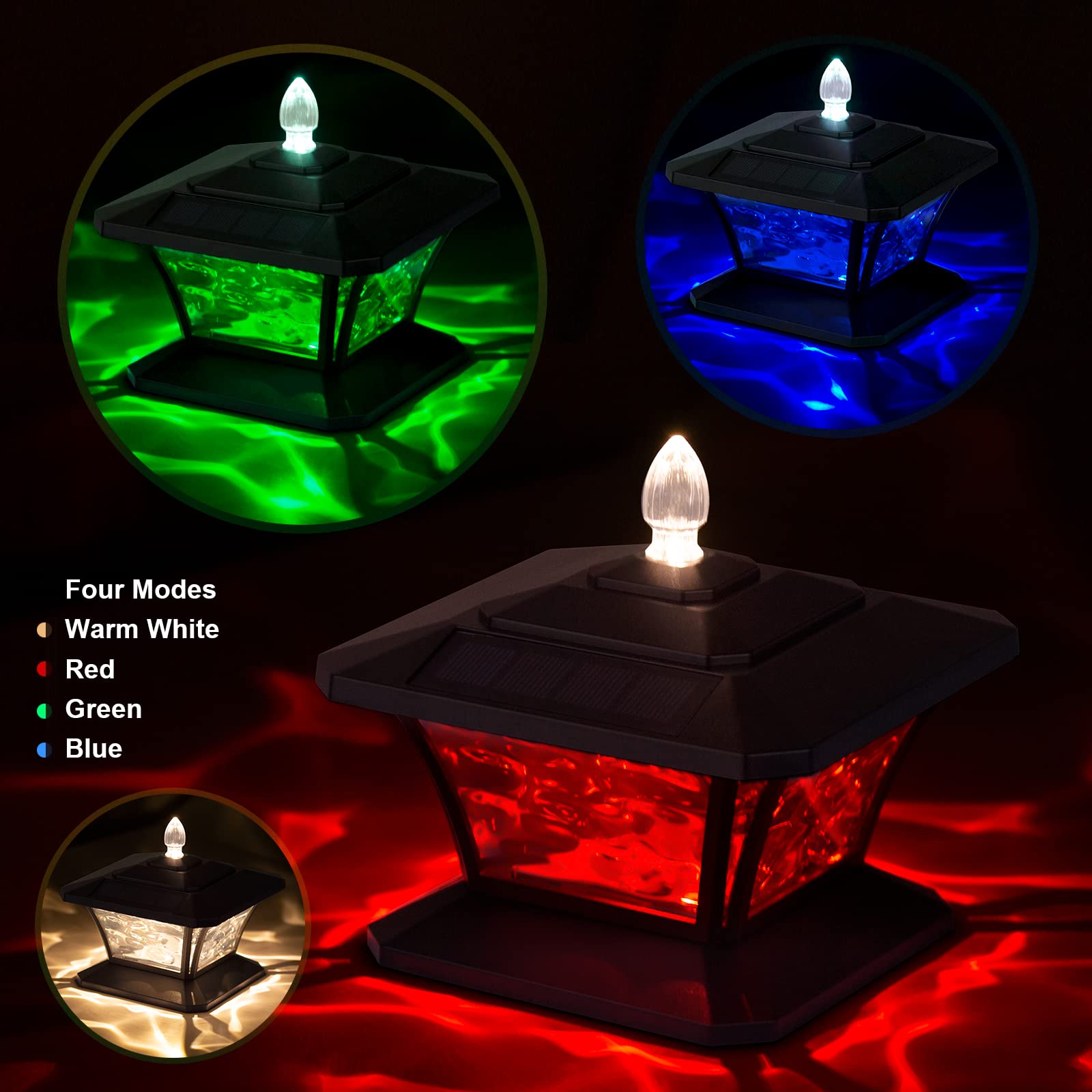 Solar Post Cap Lights Warm White/Red/Green/Blue 4 Lighting Mode, 15 Lumens 1000mAh Battery IP54 Waterproof, Fits 3.5x3.5 4x4 4.5x4.5 5x5 Fence Post Lights Solar Powered Outdoor Lights, Black (2 Pack)