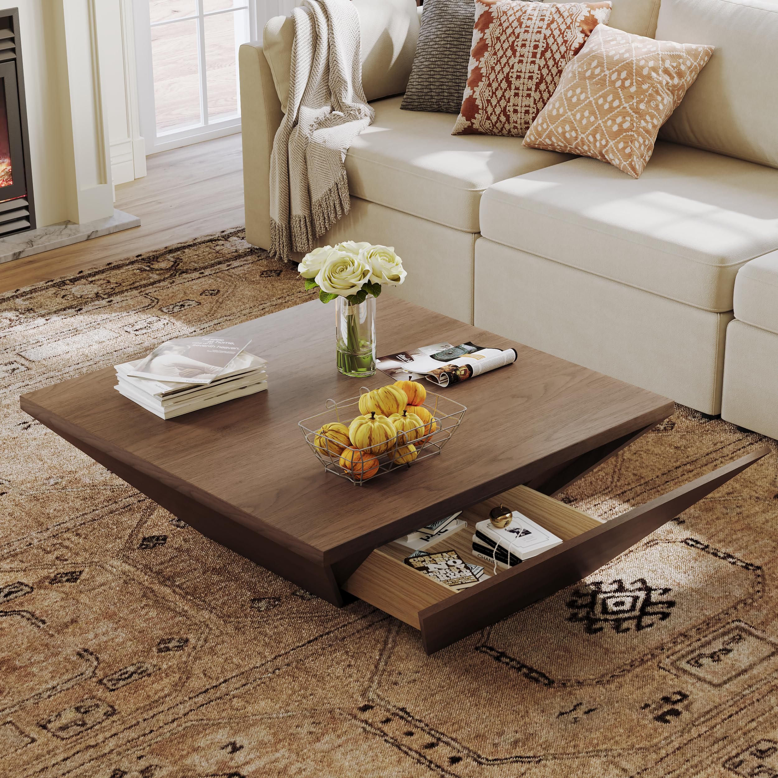 POVISON Modern Coffee Tables for Living Room, Square Coffee Table with Storage, Wood Coffee Table with Drawers, 39.4" Walnut Trapezoidal Living Room Tables for Home Office, Fully Assembled