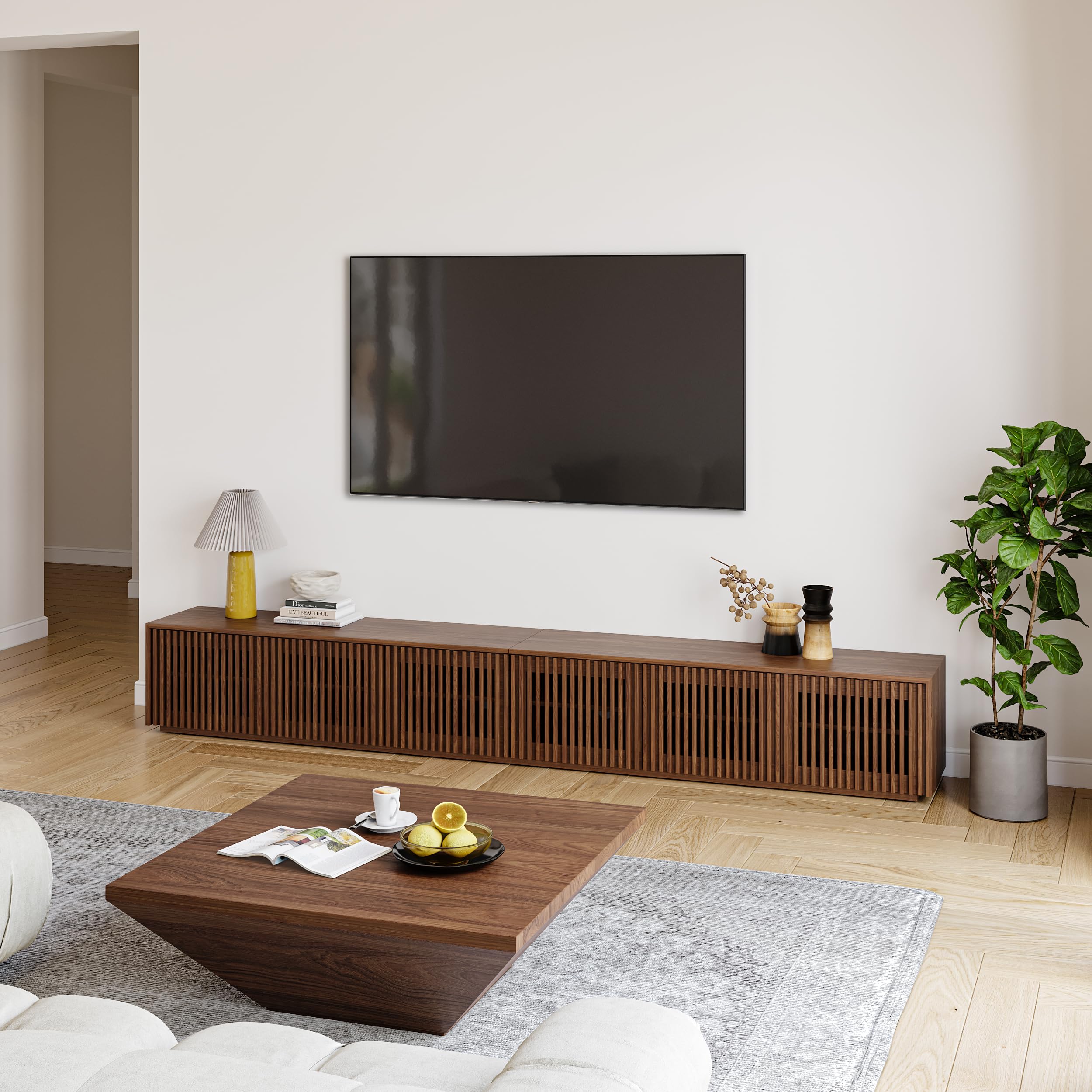 POVISON Modern Coffee Tables for Living Room, Square Coffee Table with Storage, Wood Coffee Table with Drawers, 39.4" Walnut Trapezoidal Living Room Tables for Home Office, Fully Assembled