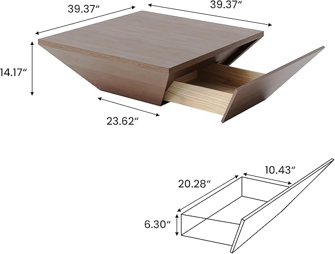 POVISON Modern Coffee Tables for Living Room, Square Coffee Table with Storage, Wood Coffee Table with Drawers, 39.4" Walnut Trapezoidal Living Room Tables for Home Office, Fully Assembled