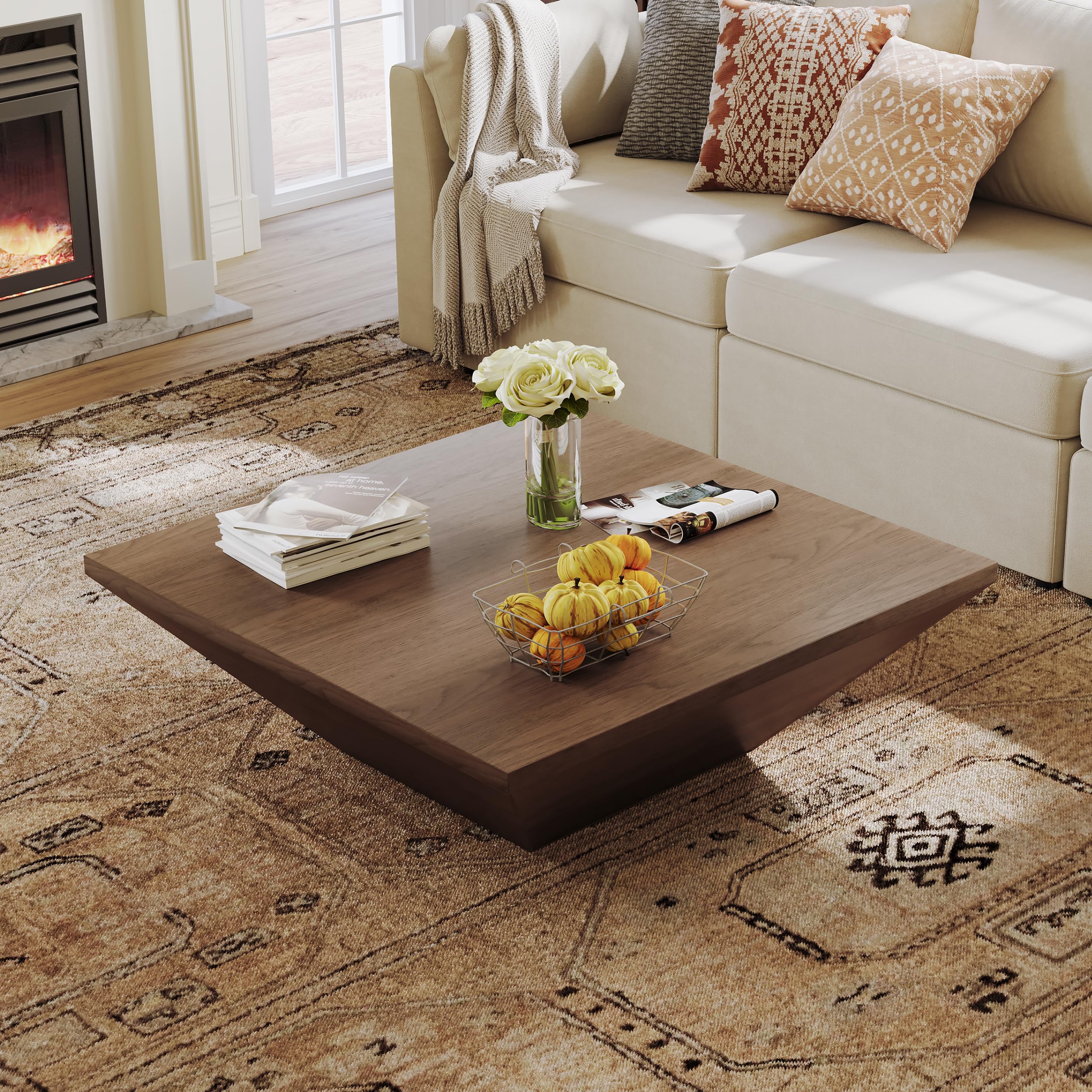 POVISON Modern Coffee Tables for Living Room, Square Coffee Table with Storage, Wood Coffee Table with Drawers, 39.4" Walnut Trapezoidal Living Room Tables for Home Office, Fully Assembled