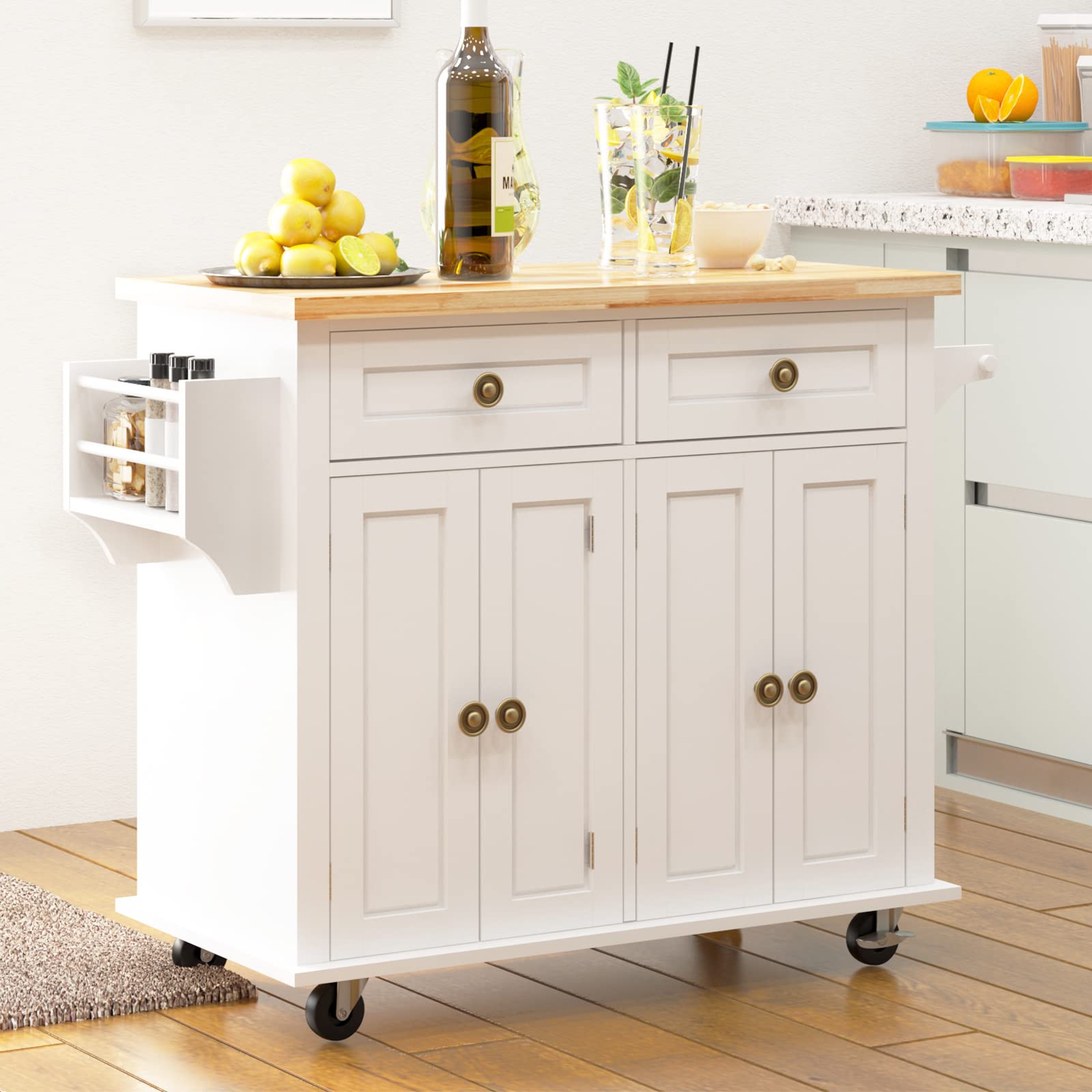 soges Rolling Kitchen Island Cart with Storage, Wood Trolley Cart with Spice and Towel Rack, Mobile Kitchen Storage Cabinet Island Table on Wheels, Serving Cart with Cabinet and Drawers,FZSR-HT01WT