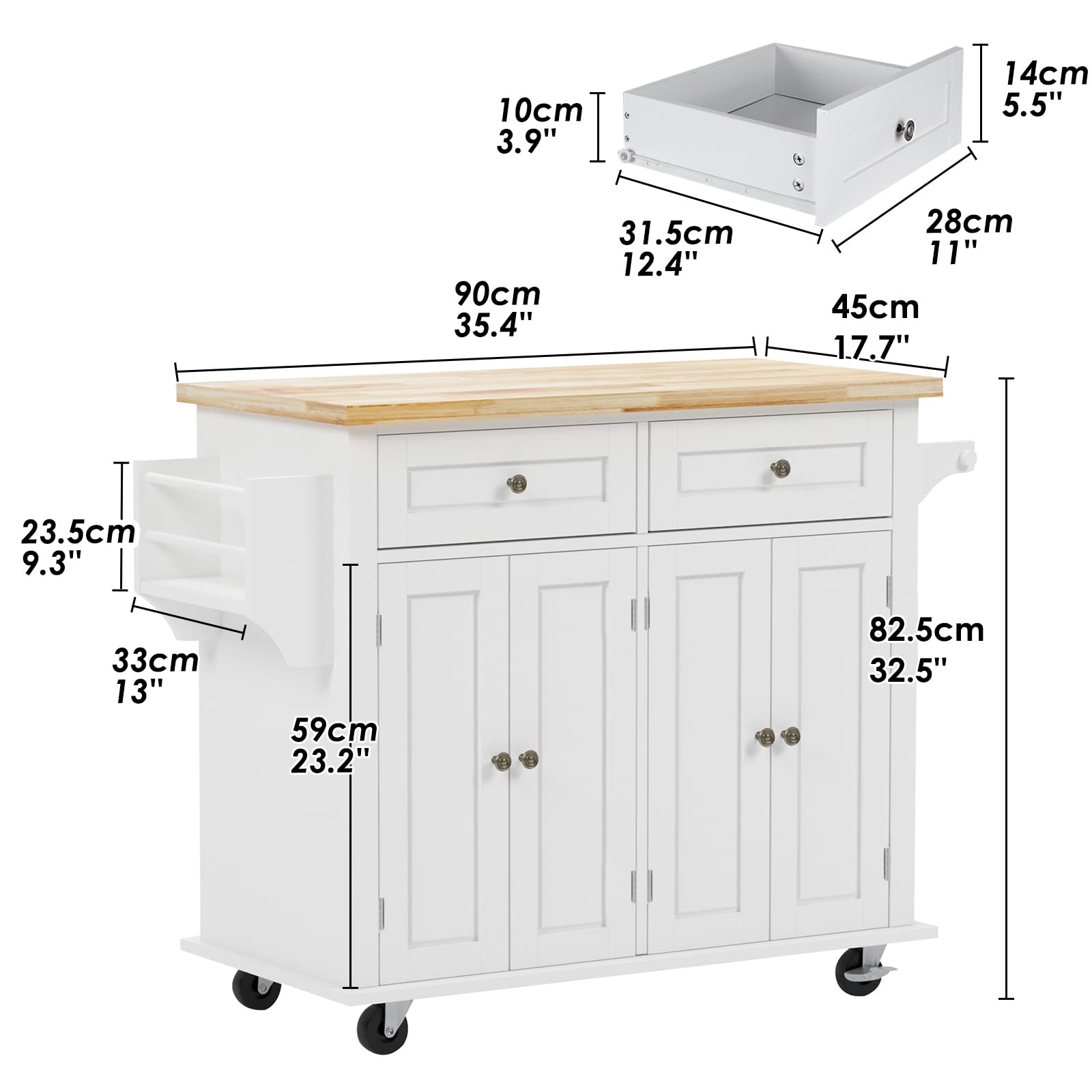 soges Rolling Kitchen Island Cart with Storage, Wood Trolley Cart with Spice and Towel Rack, Mobile Kitchen Storage Cabinet Island Table on Wheels, Serving Cart with Cabinet and Drawers,FZSR-HT01WT