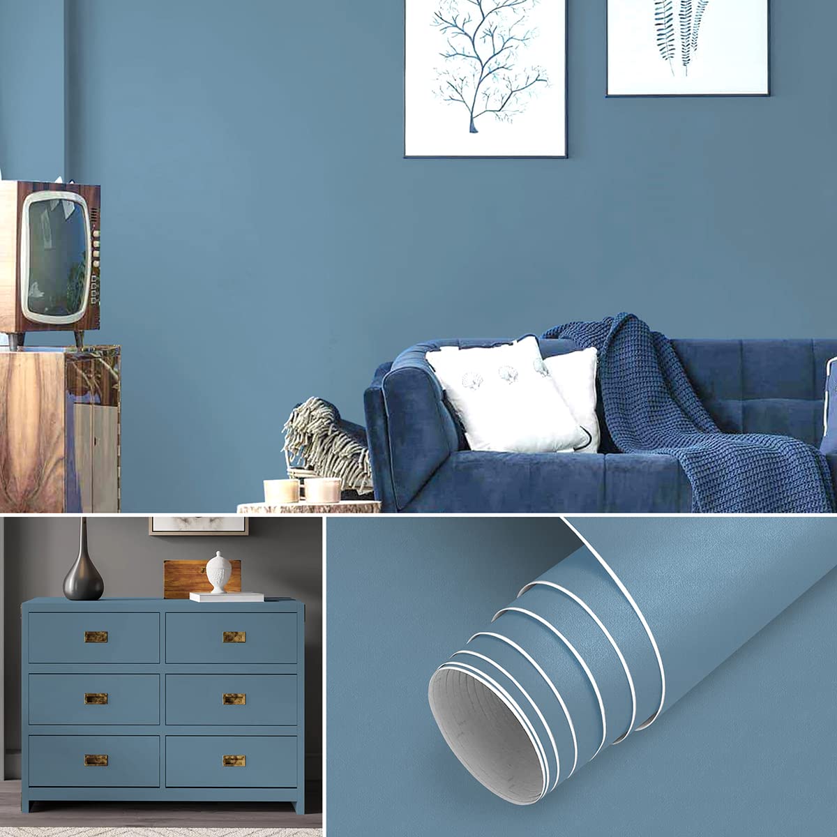 Nukofal Blue Wallpaper Peel and Stick Wallpaper Blue Contact Paper 17.7inch x 118.1inch Blue Waterproof Wallpaper Solid Self Adhesive Removable Wallpaper for Cabinet Kitchen Shelf Liner Vinyl Roll