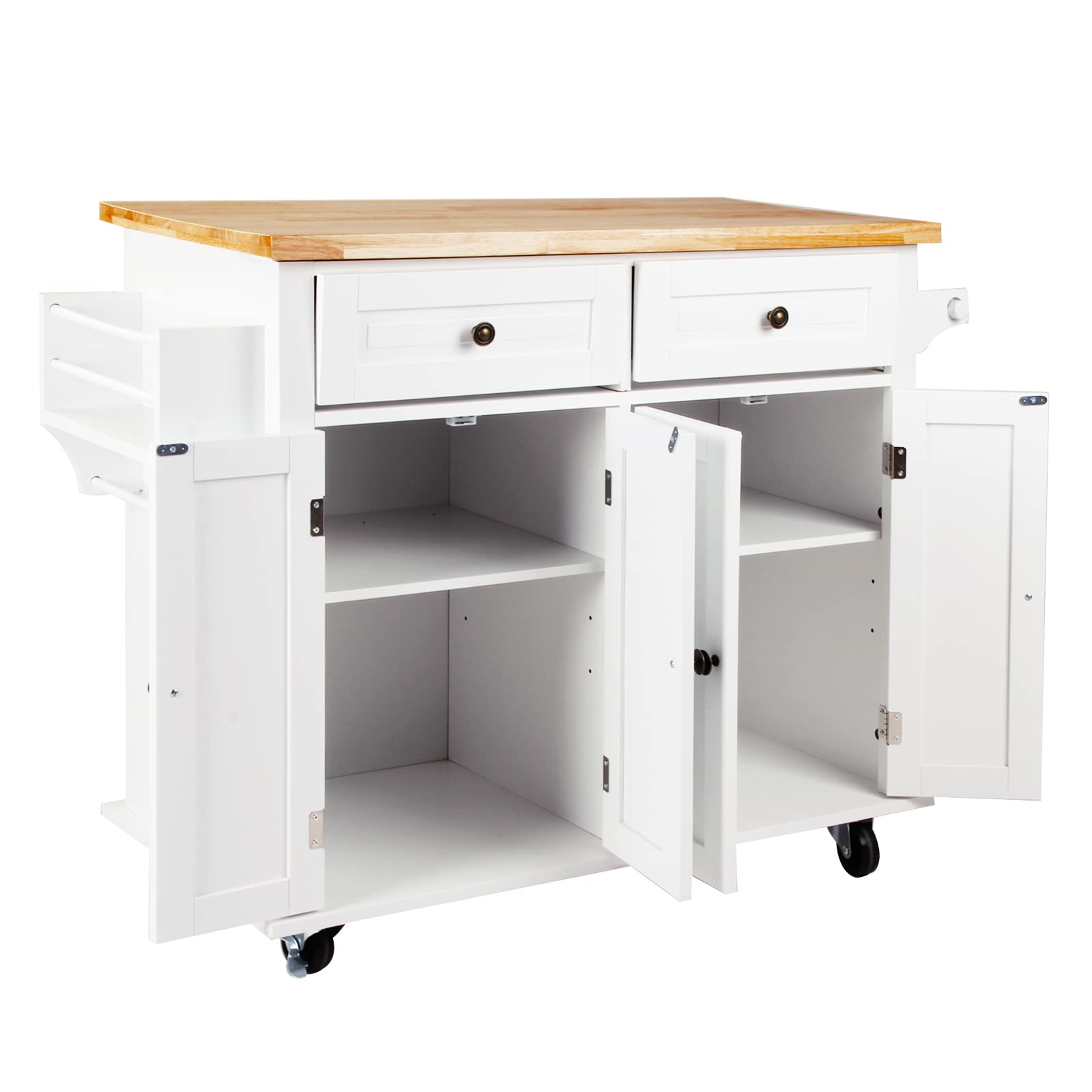 soges Rolling Kitchen Island Cart with Storage, Wood Trolley Cart with Spice and Towel Rack, Mobile Kitchen Storage Cabinet Island Table on Wheels, Serving Cart with Cabinet and Drawers,FZSR-HT01WT