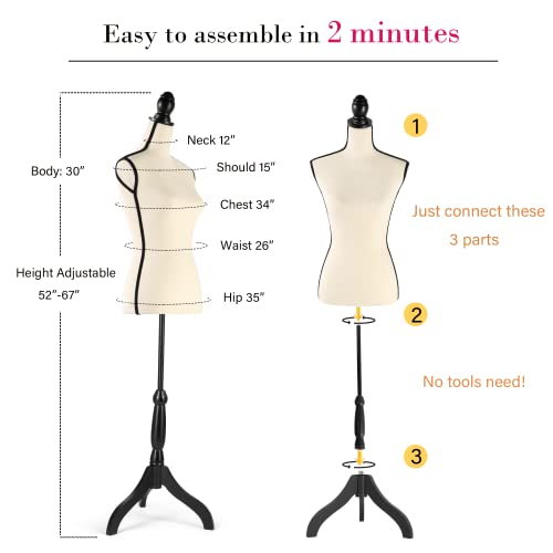 HOMBOUR Female Mannequin Body, Sewing Mannequin Torso Dress Form, Adjustable Mannequin with Stand for Sewing Dressmaker Jewelry Display, Beige