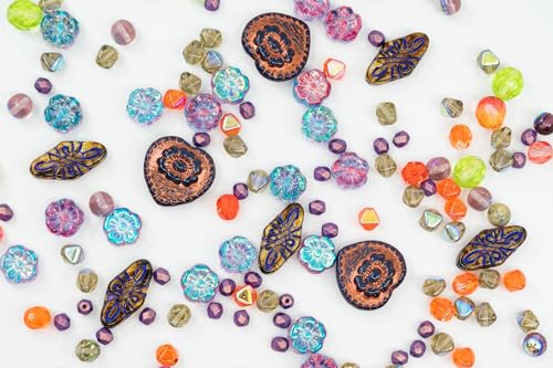 2.1oz (60 g) Mix of Unique Czech Bohemia Glass Pressed Beads, Crazy Purple Green Copper, Table Cut, Matte and Glossy, Faceted Fire Polish, Hand Made Set Kit BCV