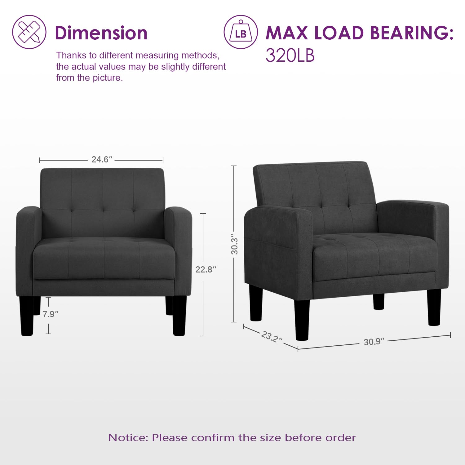TYBOATLE Accent Chair, Living Room Chairs, Cozy Tufted Mid Century Modern Accent Chairs with Arms for Bedroom, Comfy Reading Arm Chair,Small Chairs for Small Spaces,Living Room,Office (1, Dark Grey)