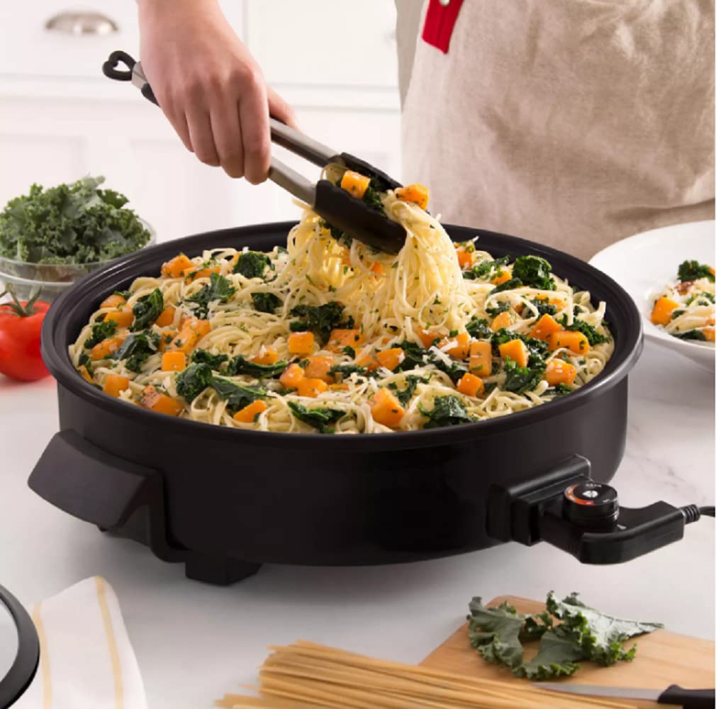 Nonstick Electric Skillet | Hot Oven Cooker with 14 inch Healthy-Eco Nonstick Coating Surface | Convenient Easy Clean Up | Tempered Glass Lids | Black