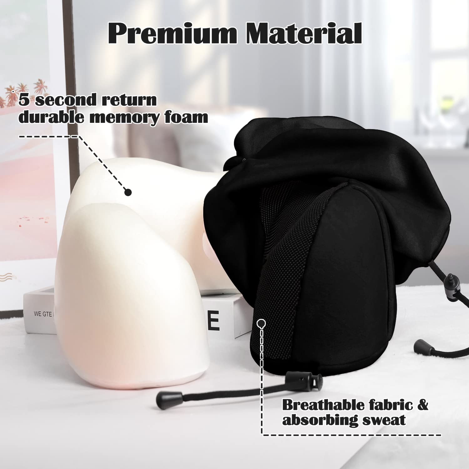 Travel Pillow 100% Pure Memory Foam Neck Pillow, Breathable & Machine Washable Cover, Neck Support Pillow with 3D Contoured Eye Mask, Earplugs & Portable Bag for Airplane Travel (Black)