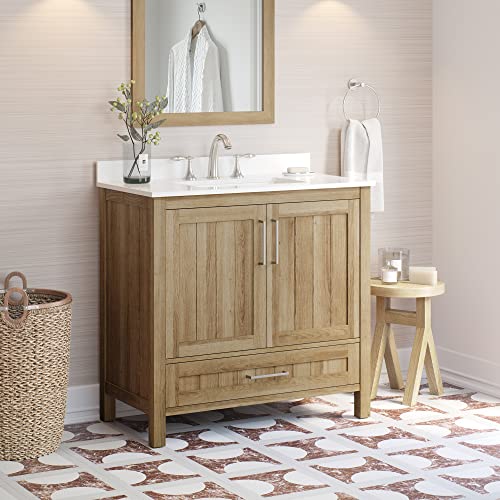 OVE Decors Kansas 36" Single Sink Bathroom Vanity Set with Countertop, Fully-Assembled | Ceramic Sink and Backsplash Included | 02 Doors, 01 Drawer, 36 inches, White Oak