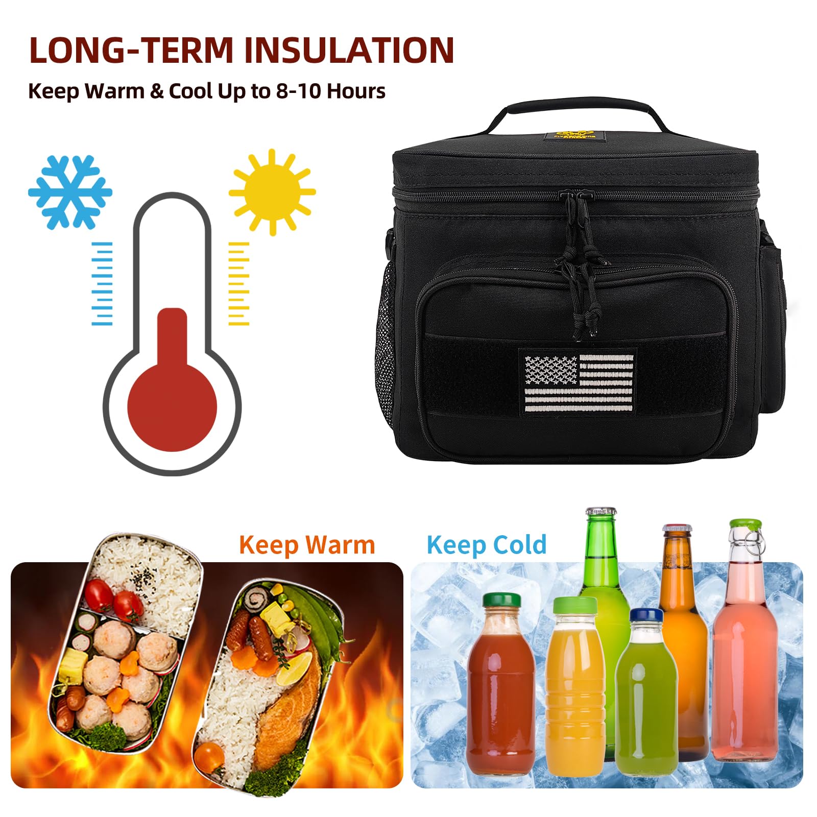 Lunch Box for Men, Tactical Lunch Bag with Ice Pack,MOLLE Webbing Insulated Lunch Cooler Women Adult,Reusable Lunch Tote with Adjustable Shoulder Strap for Work Fishing Camping Picnic,Black