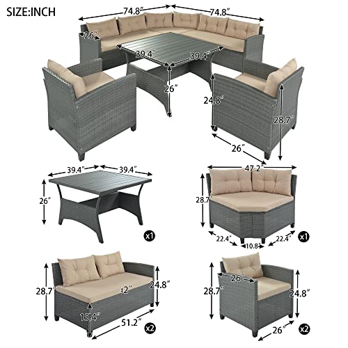 6-Piece Outdoor PE Wicker Sofa Sectional Sofa Set, Patio Rattan Dinning Set, All Weather Conversation Set with Thick Cushions and Pillows for Garden Lawn, Backyard, Poolside (Gray+Beige Cushion)