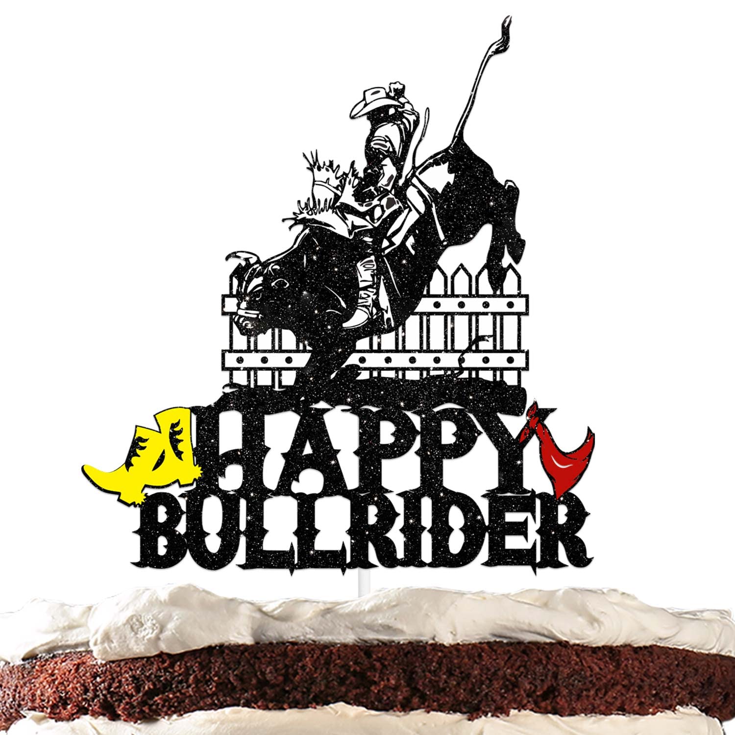 Happy Cake Topper Cow Black Glitter Country Western Bull Riding Competition Theme Decorations Cowboy Boy Man Birthday Party Decor Supplies