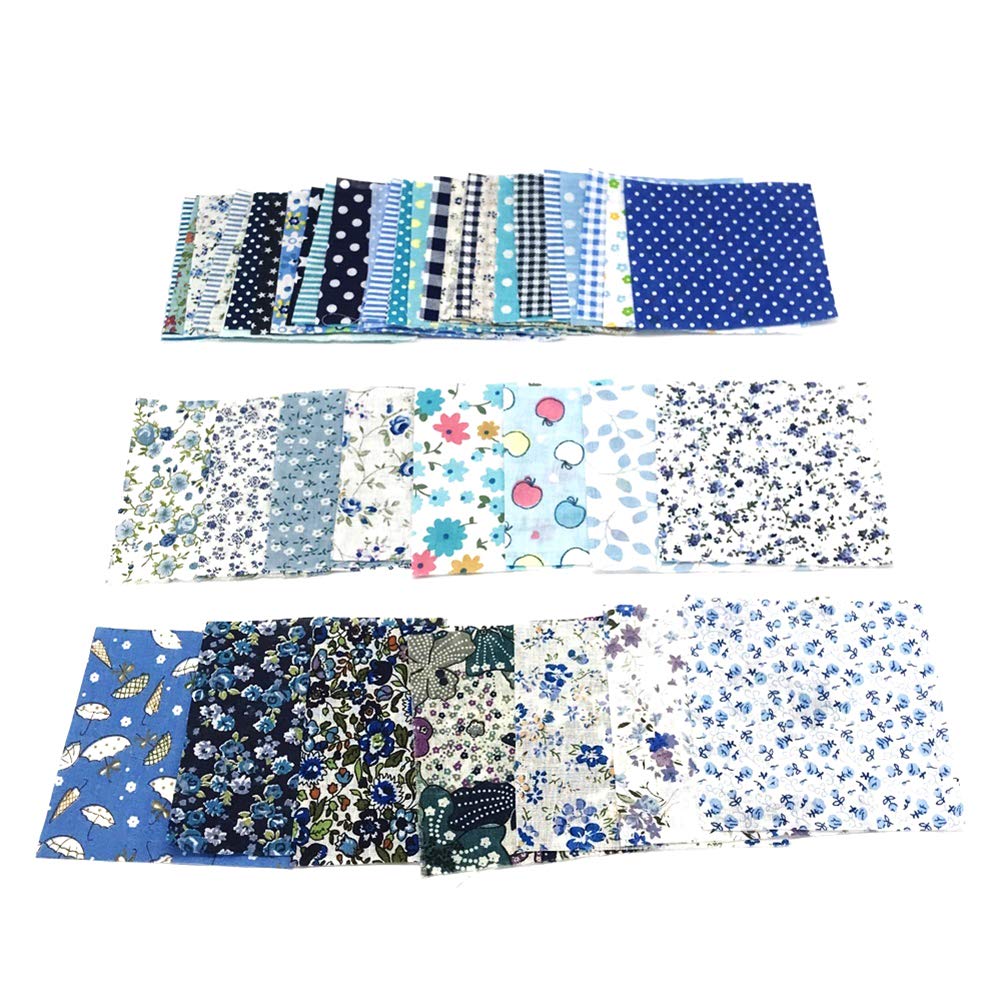 Shulemin 50Pcs 4" x 4" Cotton Craft Fabric Vintage Cotton Fabric Bundle Printed Floral Patchwork Plain Cloth Floral Precut Fabrics for DIY Sewing Quilting Scrapbooking Blue