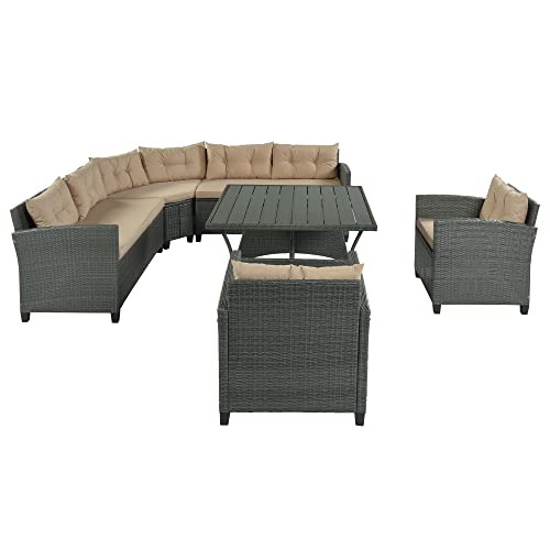 6-Piece Outdoor PE Wicker Sofa Sectional Sofa Set, Patio Rattan Dinning Set, All Weather Conversation Set with Thick Cushions and Pillows for Garden Lawn, Backyard, Poolside (Gray+Beige Cushion)