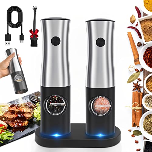 Electric Salt and Pepper Grinder Set, Adjustable Coarseness Automatic Pepper and Salt Mill Powered Refillable with Rechargeable Base, One Hand Automatic Operated Kitchen Gadgets, Stainless Steel