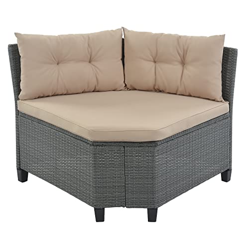 6-Piece Outdoor PE Wicker Sofa Sectional Sofa Set, Patio Rattan Dinning Set, All Weather Conversation Set with Thick Cushions and Pillows for Garden Lawn, Backyard, Poolside (Gray+Beige Cushion)