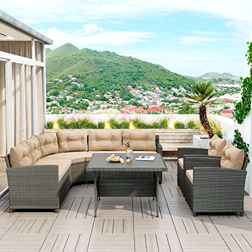 6-Piece Outdoor PE Wicker Sofa Sectional Sofa Set, Patio Rattan Dinning Set, All Weather Conversation Set with Thick Cushions and Pillows for Garden Lawn, Backyard, Poolside (Gray+Beige Cushion)