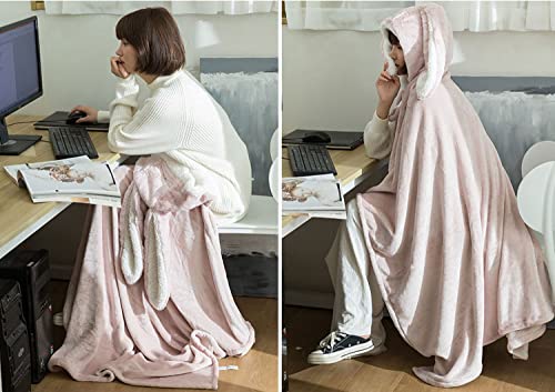 Soft Big Bunny Ears Wearable Blanket, Blanket Wrap with Buttons Comfy Hoodie Hooded Cape Throw for Women (Pink)