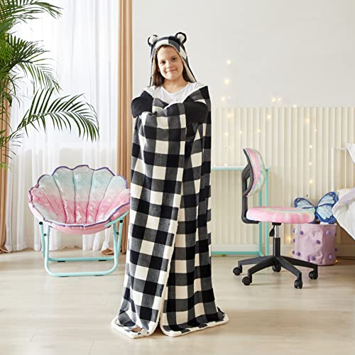 Dearfoams Black and White Buffalo Check Printed Royal Plush with Sherpa Reverse Adult Hooded Throw, 50"x60"