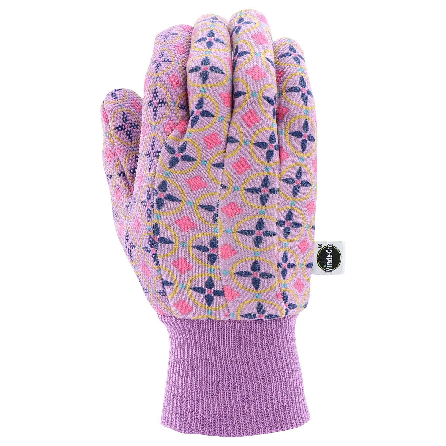 Miracle-Gro Women's Printed Jersey Dotted Palm Garden Work Gloves, Light Weight Shell, Elastic Knit Wrist, Excellent Grip, Pink/Purple, Medium, (MG65757/WML)