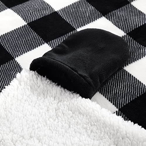 Dearfoams Black and White Buffalo Check Printed Royal Plush with Sherpa Reverse Adult Hooded Throw, 50"x60"