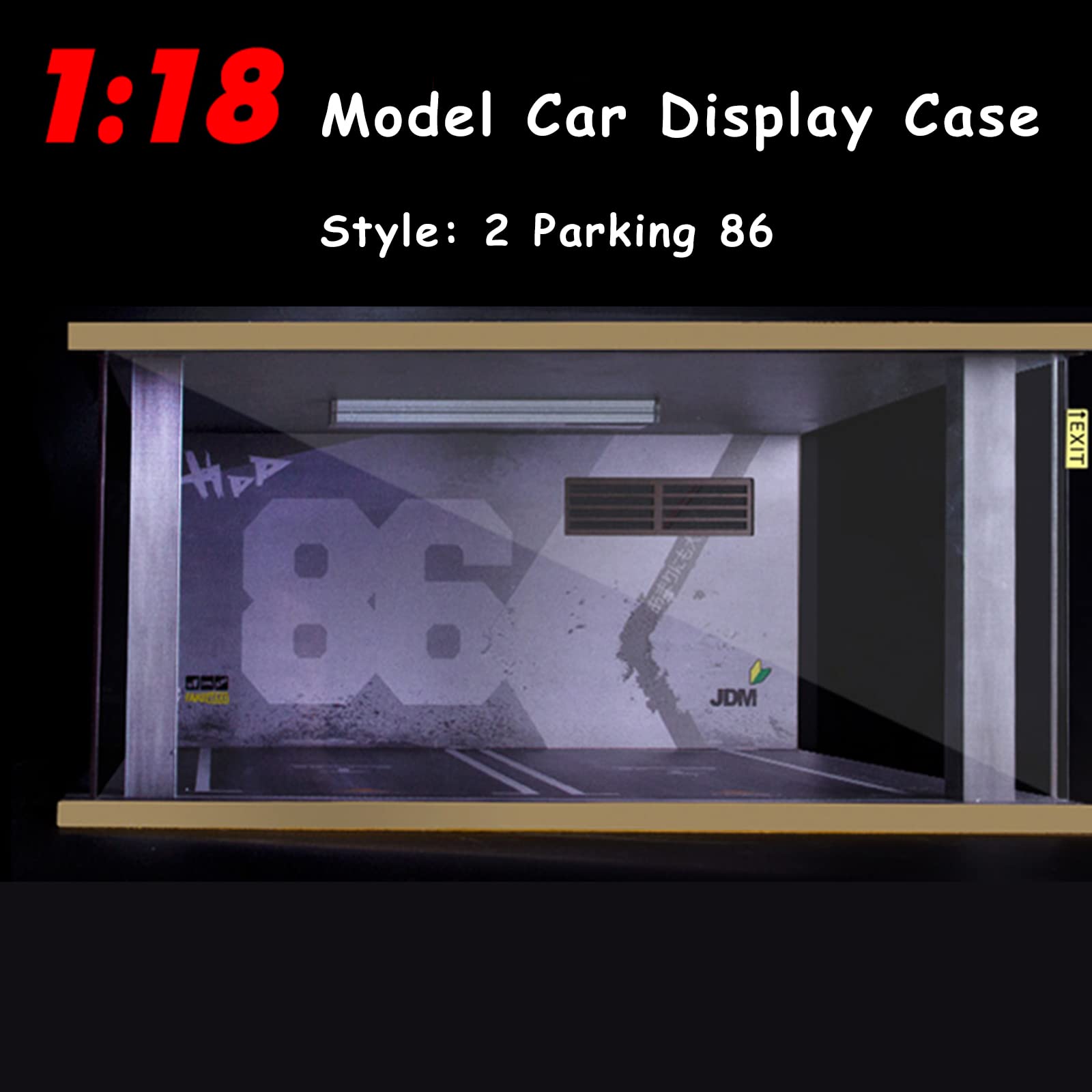 1/18 Scale Model Car Display Case - 1:18 Car Garage Display Case with Clear Acrylic Cover and LED Lighting for Die-Cast Cars, 2 Parkings 86