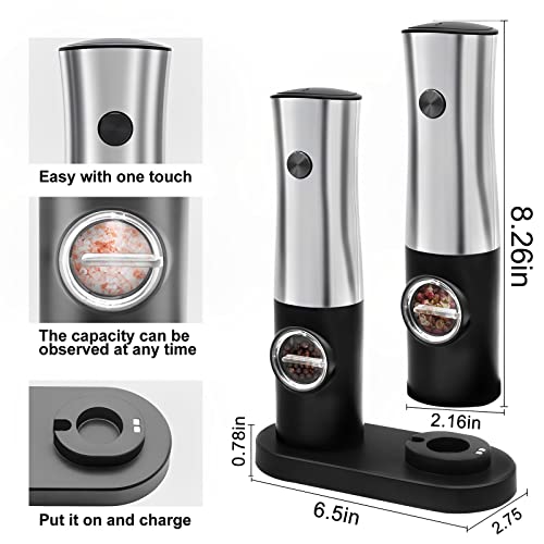 Electric Salt and Pepper Grinder Set, Adjustable Coarseness Automatic Pepper and Salt Mill Powered Refillable with Rechargeable Base, One Hand Automatic Operated Kitchen Gadgets, Stainless Steel