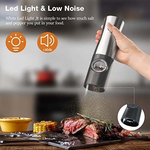 Electric Salt and Pepper Grinder Set, Adjustable Coarseness Automatic Pepper and Salt Mill Powered Refillable with Rechargeable Base, One Hand Automatic Operated Kitchen Gadgets, Stainless Steel