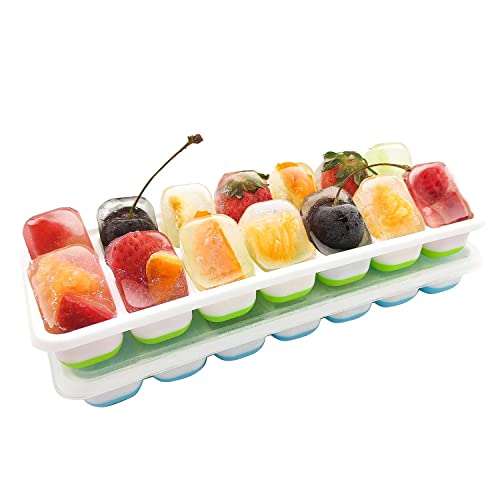 Ice Cube Tray, Silicone Ice Tray with Stackable and Spill-Resistant Lid, Easy Release Ice Cube Trays for Freezer, BPA Free Reusable Ice Trays for DIY Flavor (2 Pack)