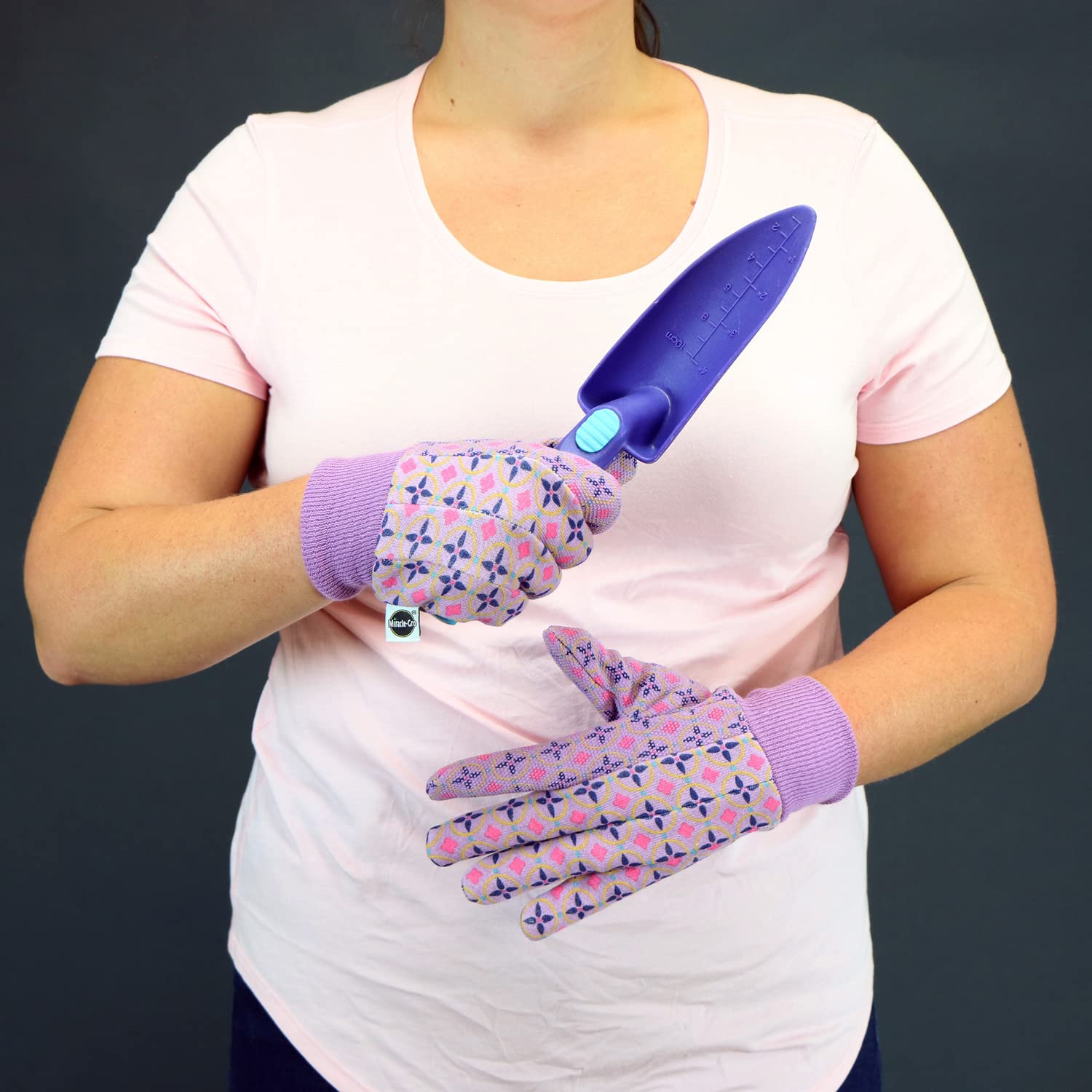 Miracle-Gro Women's Printed Jersey Dotted Palm Garden Work Gloves, Light Weight Shell, Elastic Knit Wrist, Excellent Grip, Pink/Purple, Medium, (MG65757/WML)
