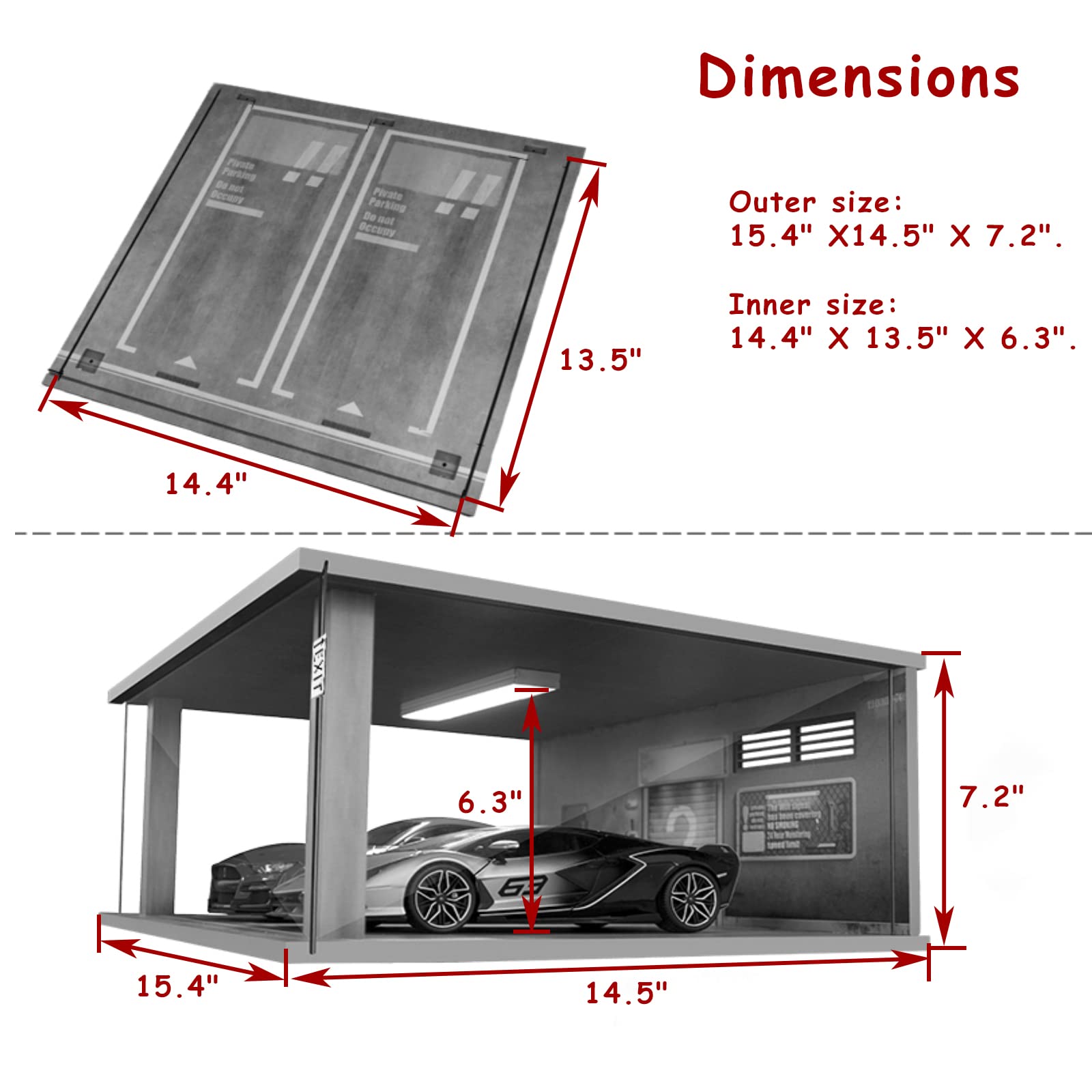 1/18 Scale Model Car Display Case - 1:18 Car Garage Display Case with Clear Acrylic Cover and LED Lighting for Die-Cast Cars, 2 Parkings 86