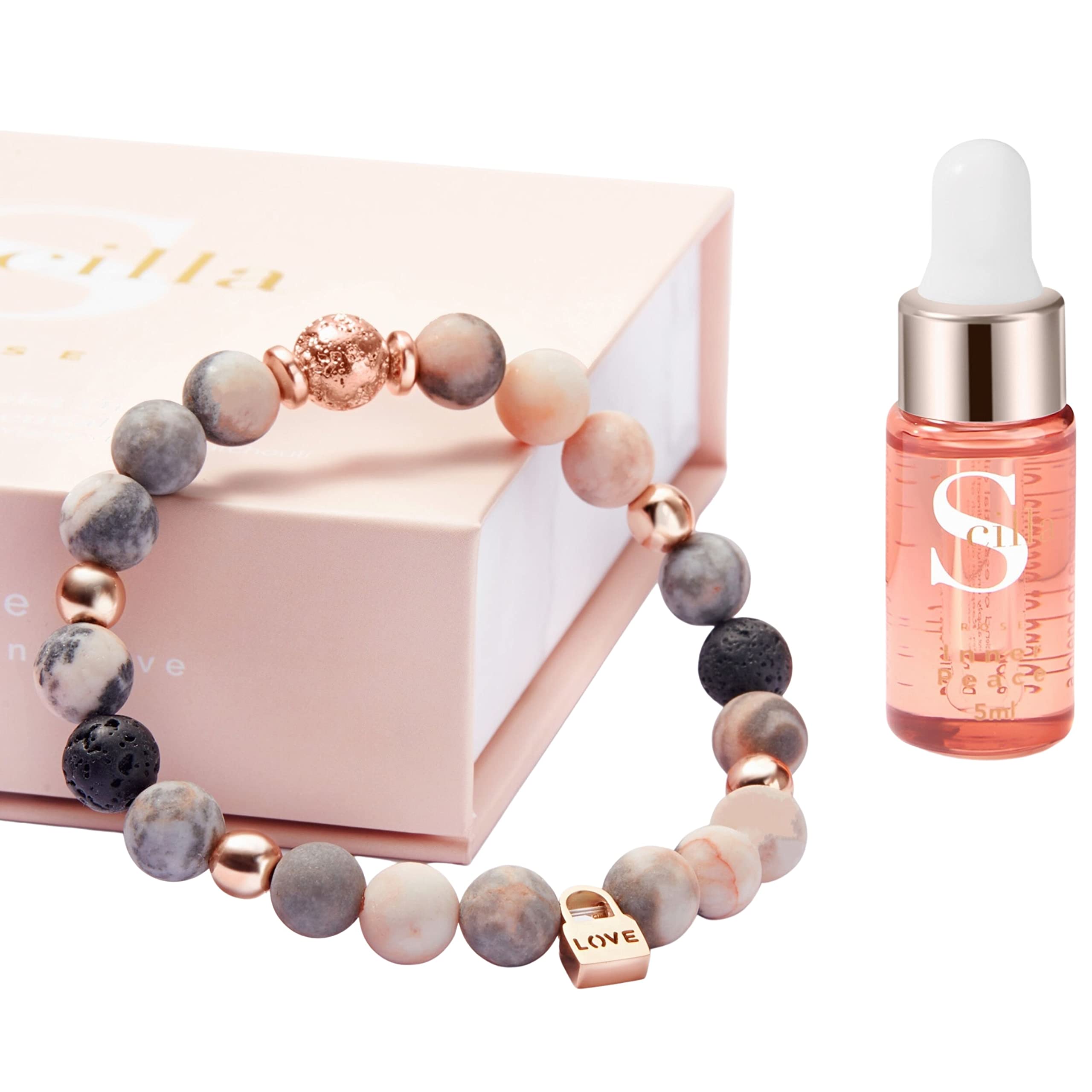 Aromatherapy Bracelet and Lavender Essential Oil Gift Set, Chakra Crystal Beaded Bracelets for Women, Pink Zebra Jasper Love Lock and Lava Diffuser, Self Care Mindfulness Birthday Gifts