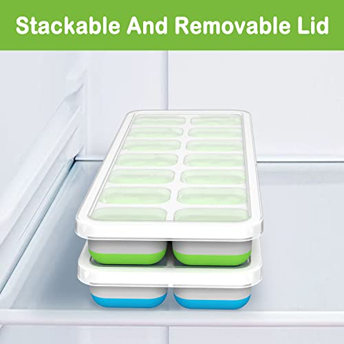 Ice Cube Tray, Silicone Ice Tray with Stackable and Spill-Resistant Lid, Easy Release Ice Cube Trays for Freezer, BPA Free Reusable Ice Trays for DIY Flavor (2 Pack)