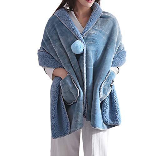 Cozy Fleece Wrap Shawl with Large Front Pockets - Keeps Hands and Shoulders Warm Wearable Blanket Throw Flannel Sherpa Cape for Women