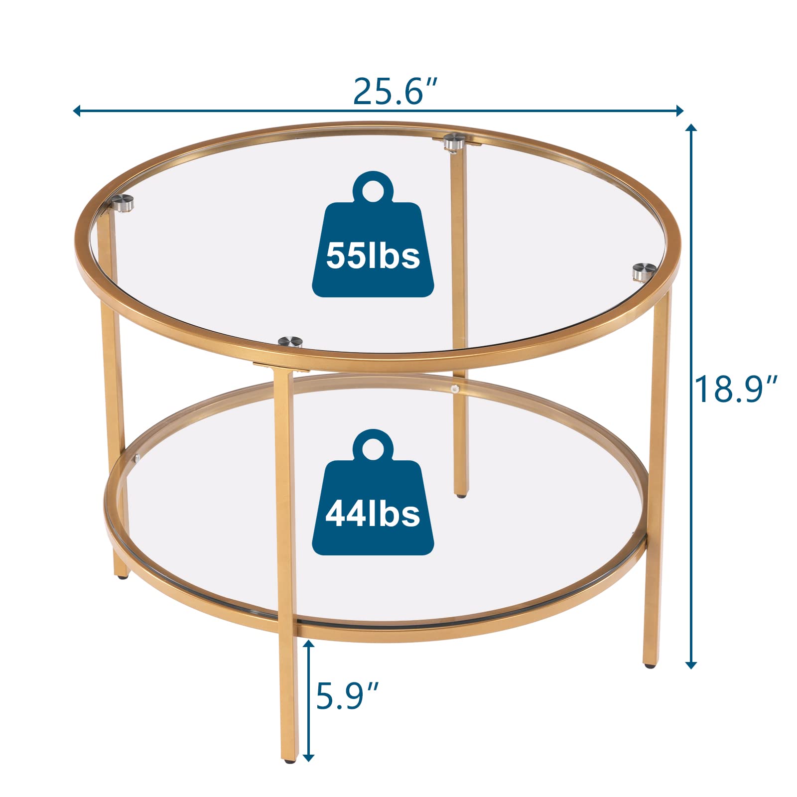VINGLI 25.6" Round Gold Coffee Tables for Living Room, 2-Tier Glass Top Coffee Table with Storage Clear Coffee, Simple & Modern Center Table for Small Space