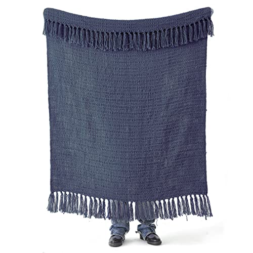 PANDATEX Thick Chunky Navy Blue Knitted Throw Blanket for Couch Chair Sofa Bed, Chic Boho Style Textured Basket Weave Pattern Blanket with Decorative Fringe, 50"x60"
