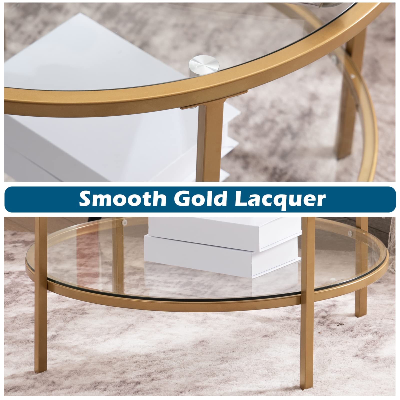 VINGLI 25.6" Round Gold Coffee Tables for Living Room, 2-Tier Glass Top Coffee Table with Storage Clear Coffee, Simple & Modern Center Table for Small Space