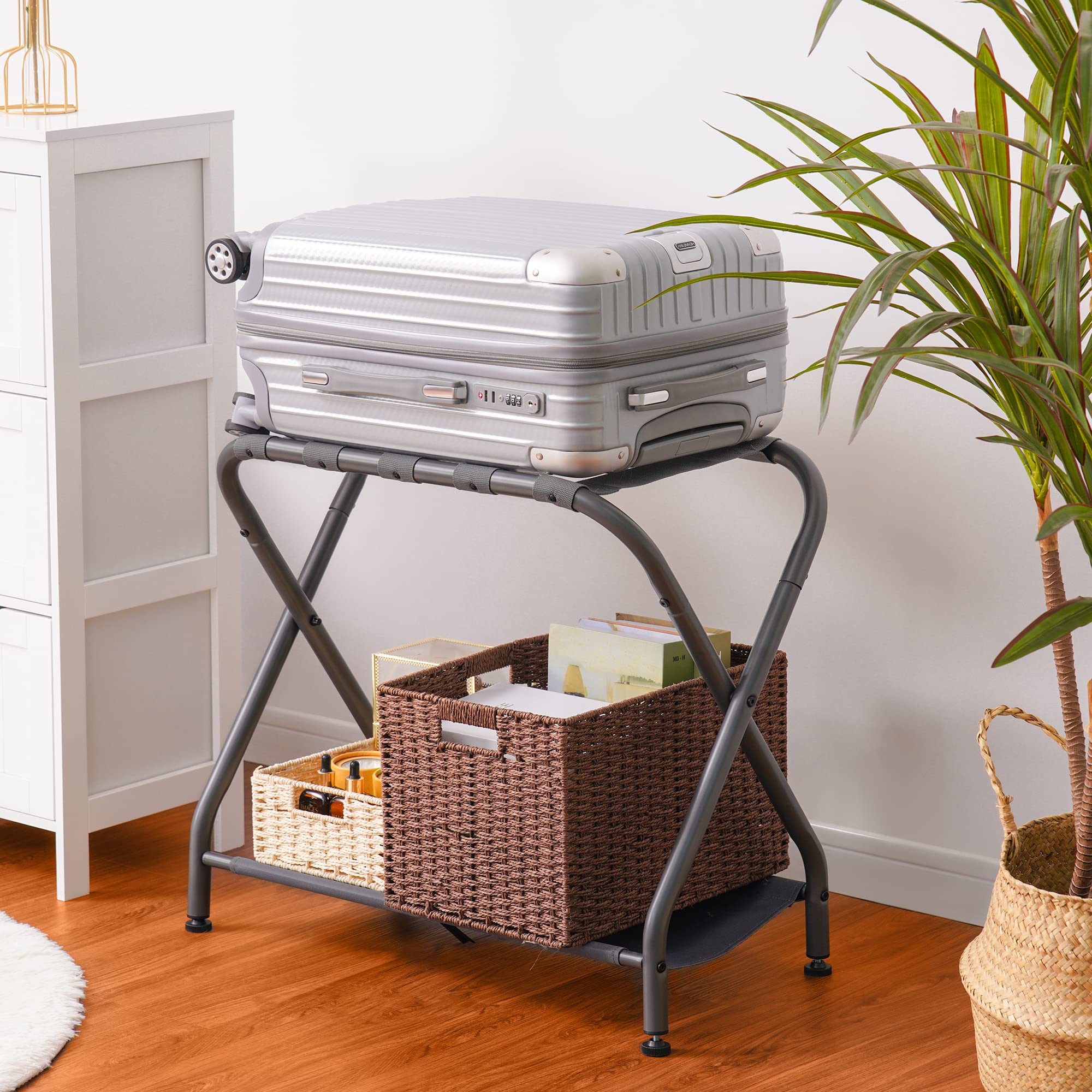 Heybly Luggage Rack,Pack of 2,Steel Folding Suitcase Stand with Storage Shelf for Guest Room Bedroom Hotel,Gray,HLR002G2
