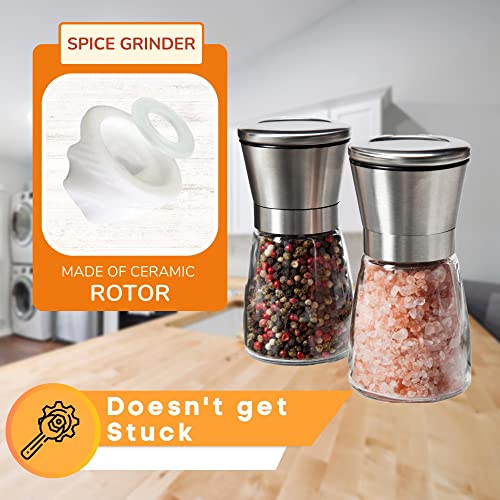 Professional Salt and Pepper Grinder Set โ Premium Stainless Steel Salt and Pepper Shakers with Ceramic Spice Grinder Mill for Adjustable Coarseness - Added Bonus a Bamboo spoon and a Cleaning Brush.