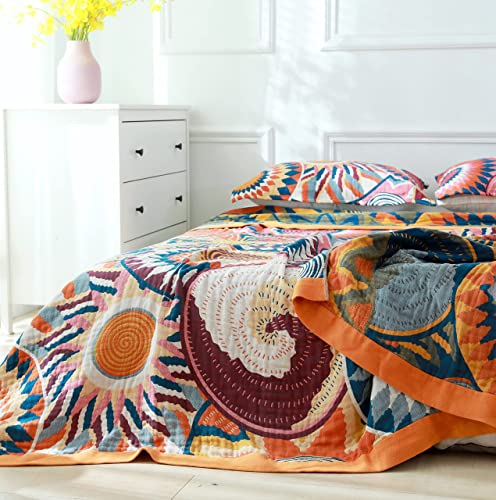 MEJU The Sun Round Bohemia Geometry Muslin All Season Blanket for Bed Sofa Couch, 100% Combed Cotton 4 Layer Soft Warm Quick Dry Throw Blanket Bed Coverlet Sheet (Round, Twin 59" X 78")