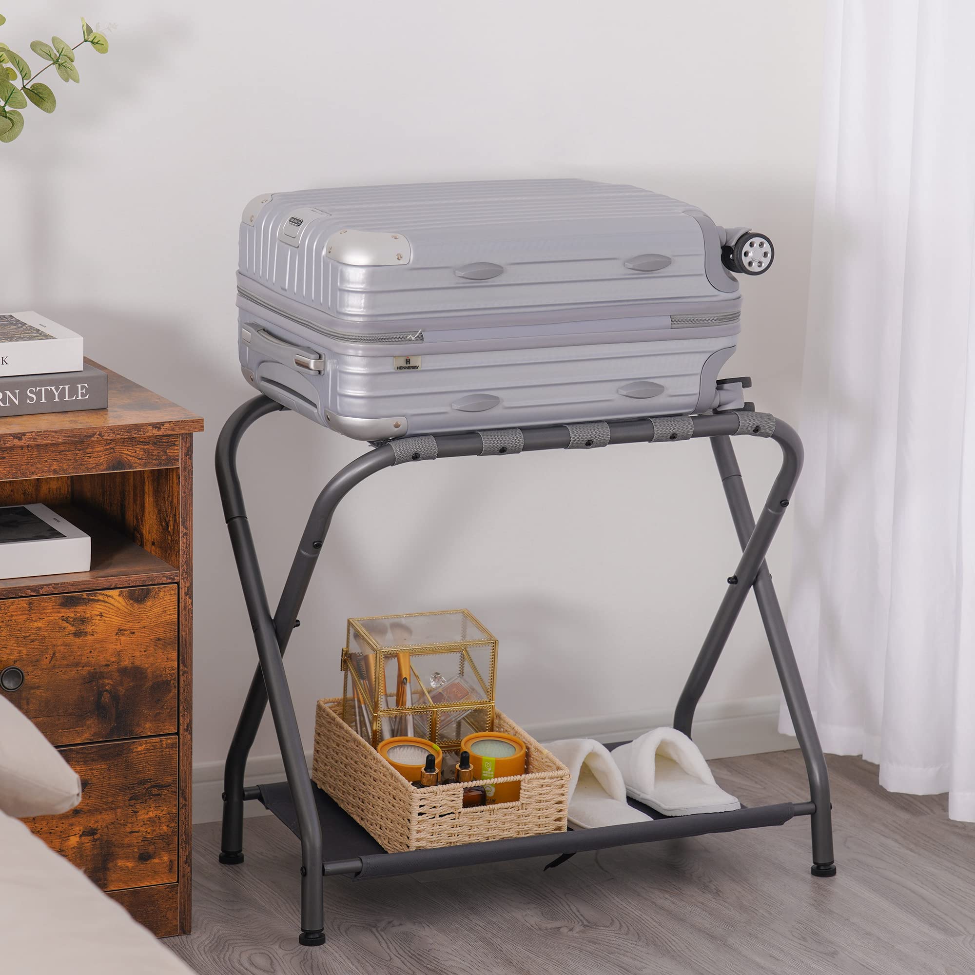 Heybly Luggage Rack,Pack of 2,Steel Folding Suitcase Stand with Storage Shelf for Guest Room Bedroom Hotel,Gray,HLR002G2