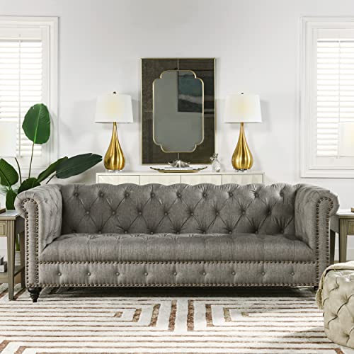 Jennifer Taylor Home Alto 88" Tufted Chesterfield Sofa, Dark Heathered Grey Linen