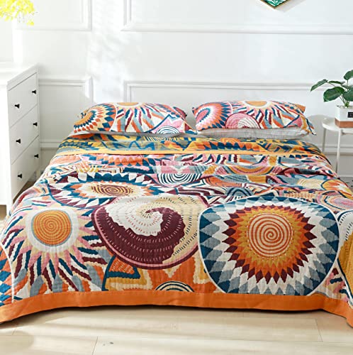 MEJU The Sun Round Bohemia Geometry Muslin All Season Blanket for Bed Sofa Couch, 100% Combed Cotton 4 Layer Soft Warm Quick Dry Throw Blanket Bed Coverlet Sheet (Round, Twin 59" X 78")