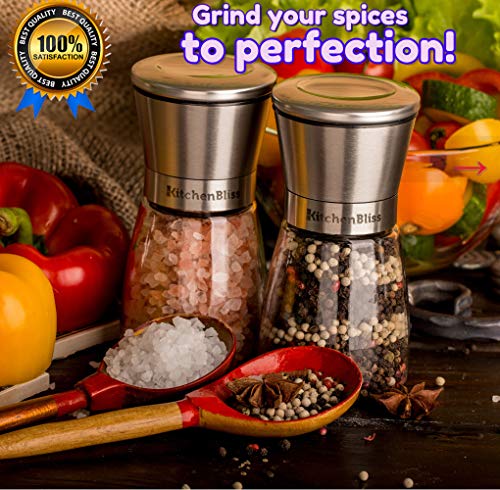 Professional Salt and Pepper Grinder Set โ Premium Stainless Steel Salt and Pepper Shakers with Ceramic Spice Grinder Mill for Adjustable Coarseness - Added Bonus a Bamboo spoon and a Cleaning Brush.