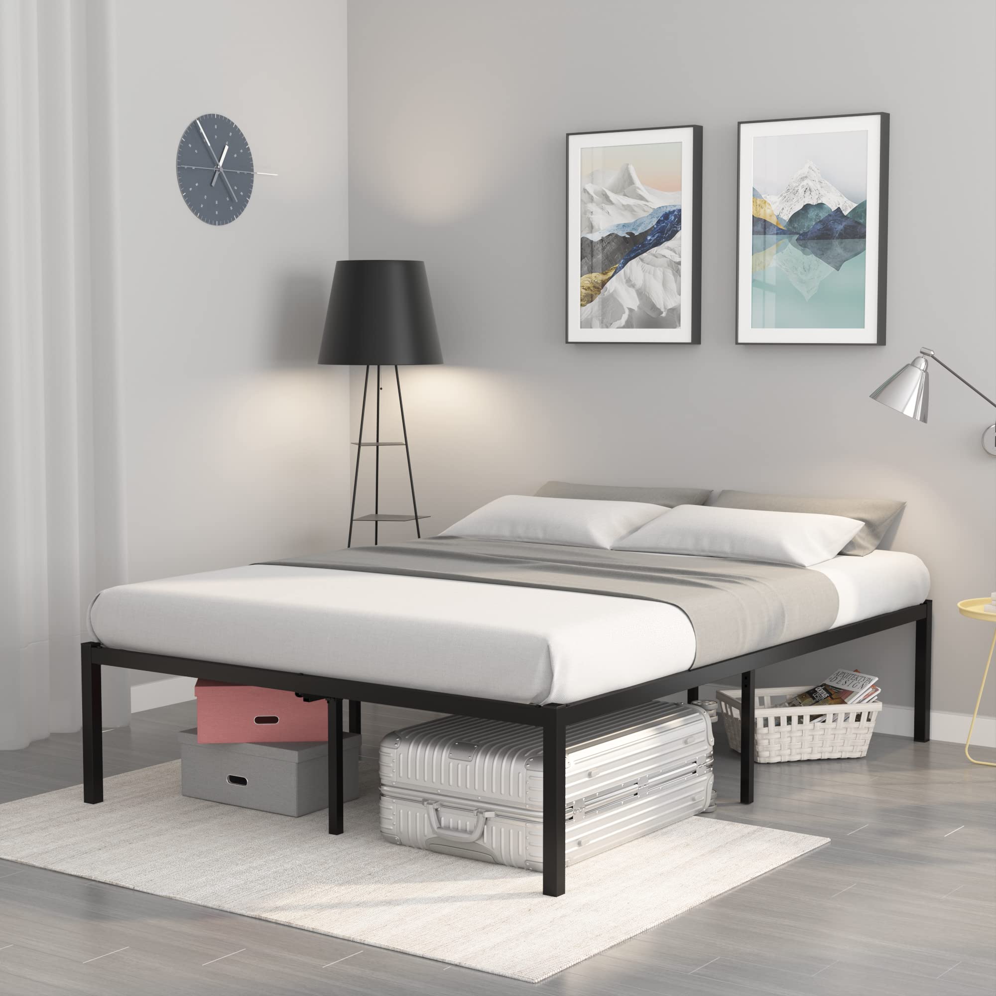 Weehom Queen Bed Frame 16 Inch Metal Platform Bed Frames No Box Spring Needed, Mattress Foundation, Heavy Duty Steel Slat Support, Large Underbed Storage Space, Easy Assembly, Black