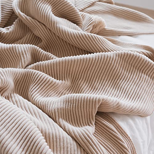 Lumi Living 100% Soft Cotton Textured Raised Stripes Rib Knit Throw Blanket with Tassels (Neutral)