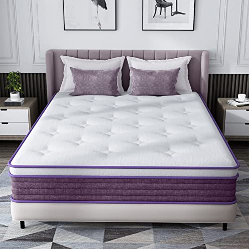 REGOSS 10 Inch Innerspring Hybrid Mattress, Motion Isolation Individually Wrapped Pocket Coils Mattress, Queen Size Mattress in a Box, Foam and Spring Mattress for Pressure Relief, Purple